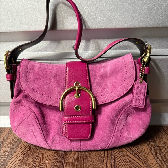 Coach | Bags | Coach Pink Suede Shoulder Bag With Gold Accents | Poshmark